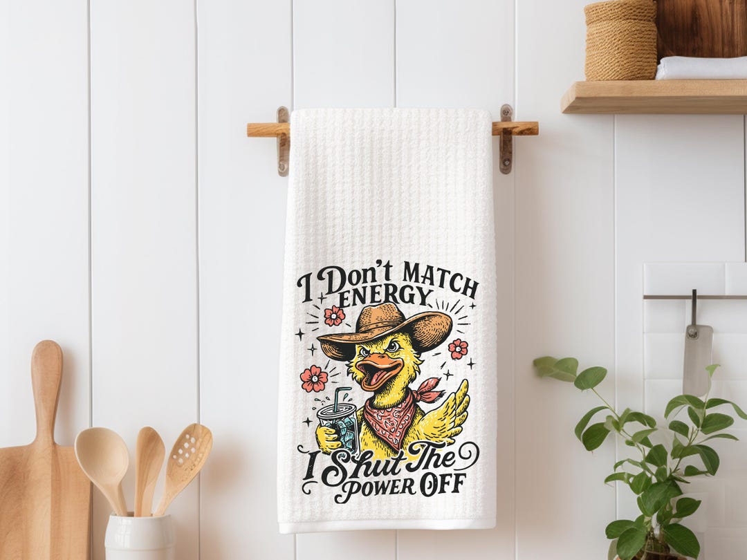 Funny Cranky Duck Tea Towel – Cowboy Hat & Coffee – “I Don’t Match ...