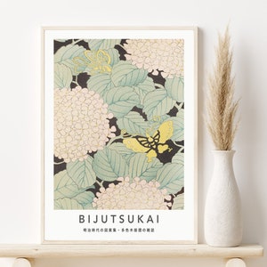 Japandi Wall Art, Hydrangeas and Butterflies Print, Blue Botanical Art ...