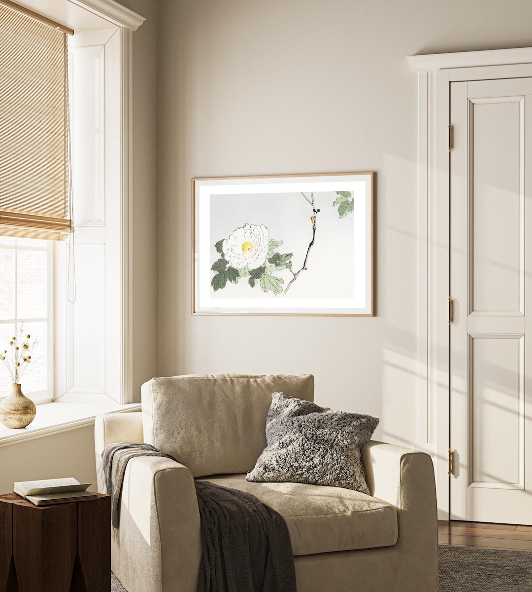 Japandi Wall Decor, Vintage Japanese Flower Art, White Blossomed Flower ...