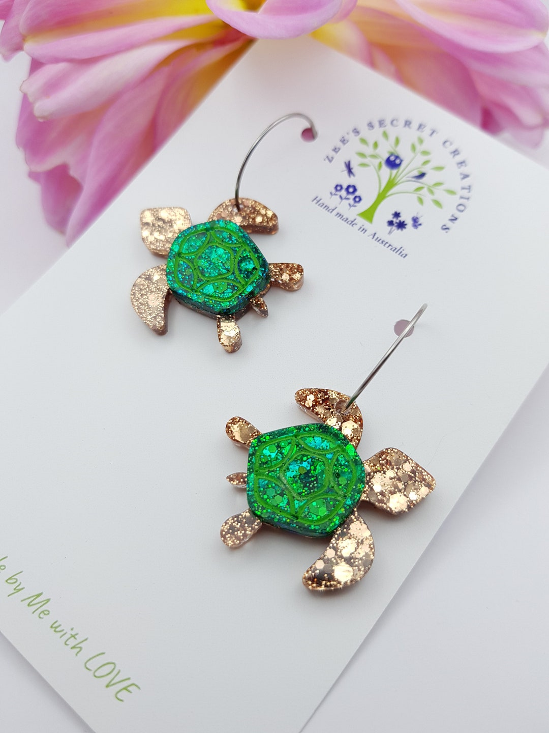 Cute Turtle Hoop Earrings / Resin Earrings / Glitter Earrings ...