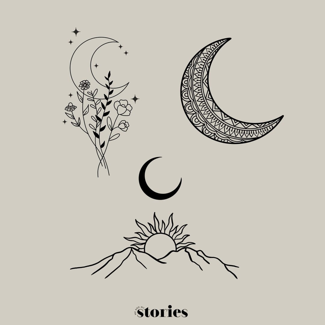 Plotter File SVG Set - Boho | Moon Sun Mountains Wildflowers, Line Art Designs, Graphic File for ...