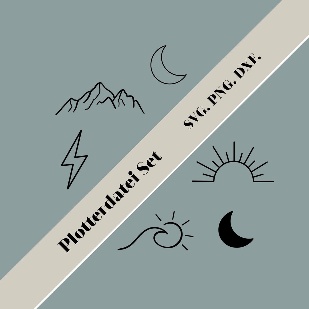 Plotter File SVG Set Moon Mountains Sun Sea Wave Lightning, Nature ...