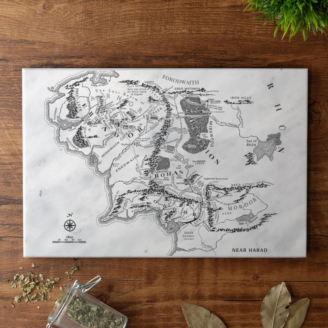 Map of Middle Earth LOTR Solid Marble Chopping Board Custom Printed ...
