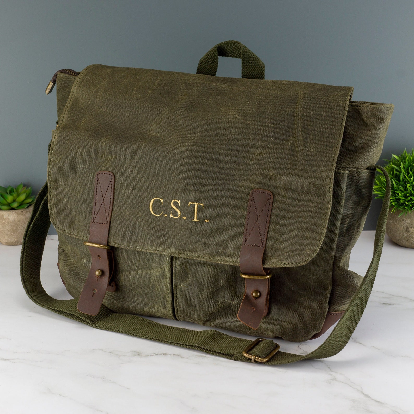 Personalised Messenger Bag Green - Waxed Canvas Weekend Travel Bag ...