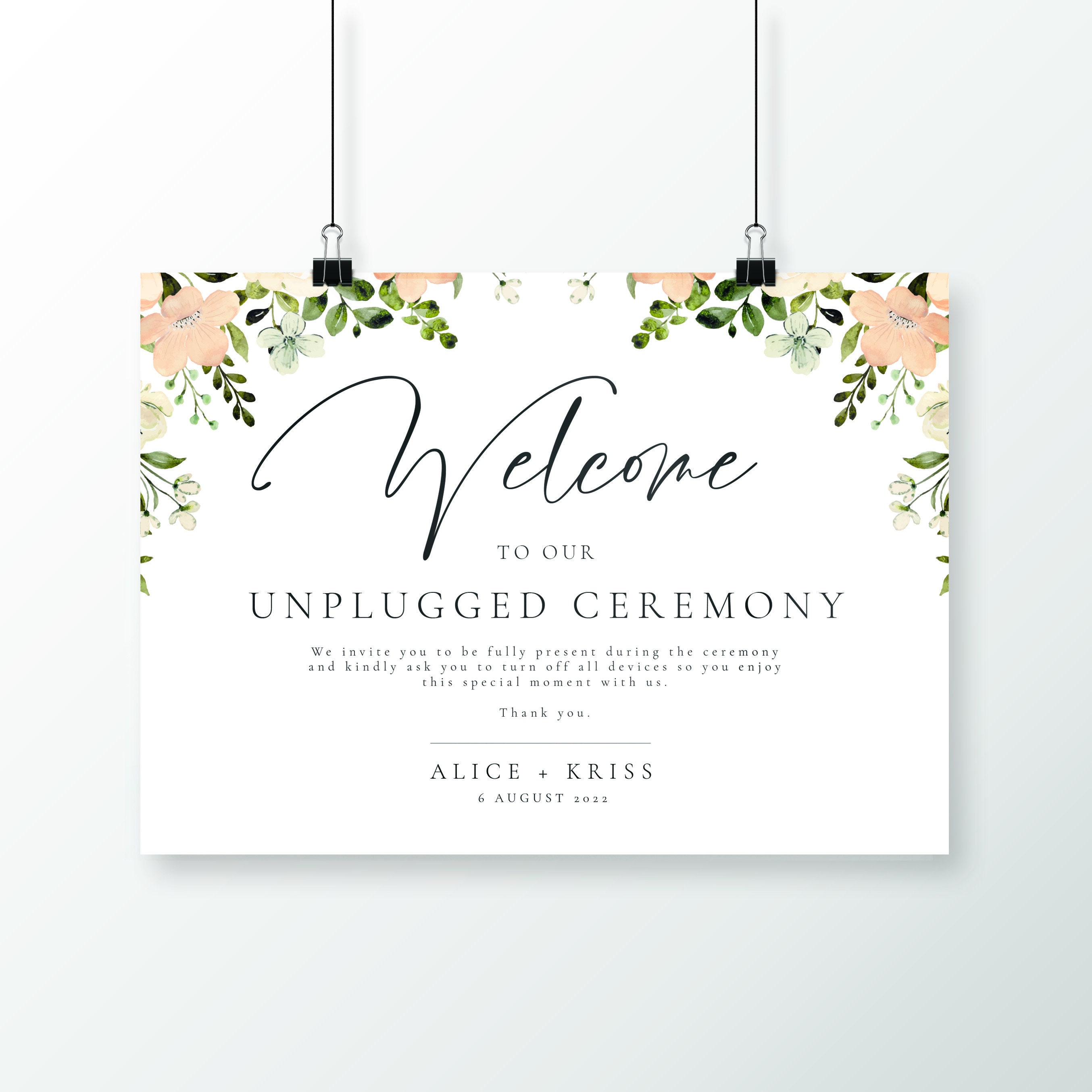 Personalised Wedding Unplugged Ceremony Sign Foliage Acrylic Poster ...