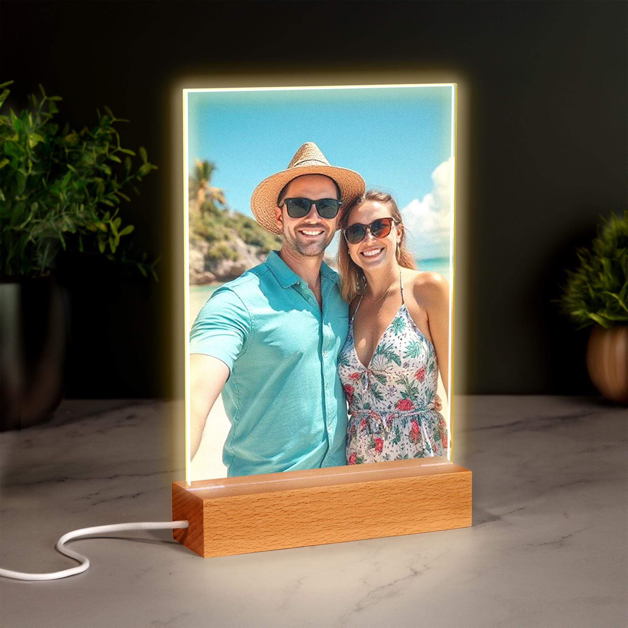 Personalised Photo Print Plaque LED Wood Base Your Image Printed Plaque ...