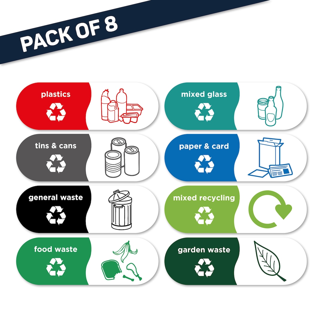 8x Mixed Recycling Labels Bin White Stickers Home Office Kitchen 150mm ...