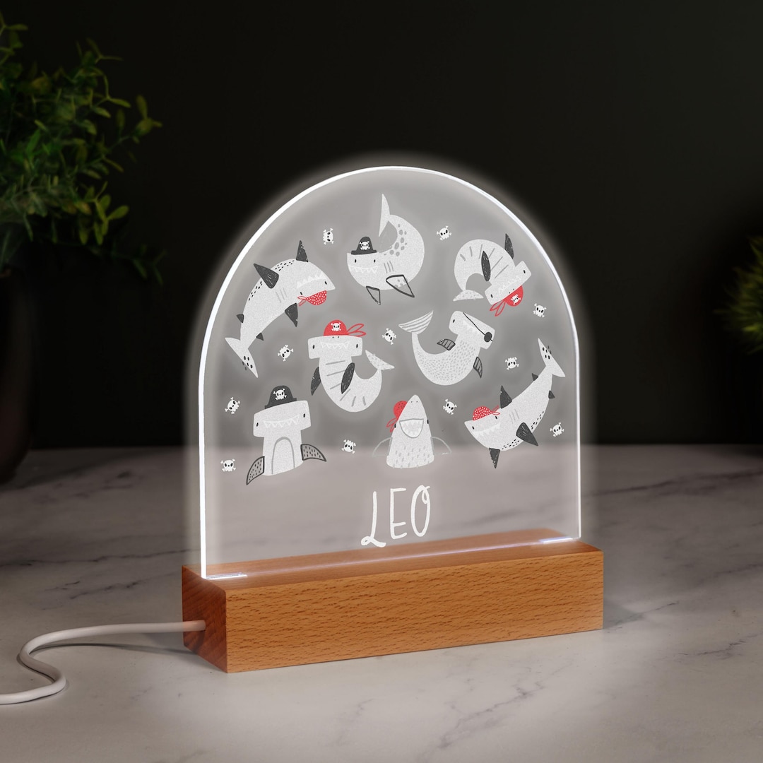 Pirate Sharks LED Children's Night Light Personalised Acrylic Plaque ...