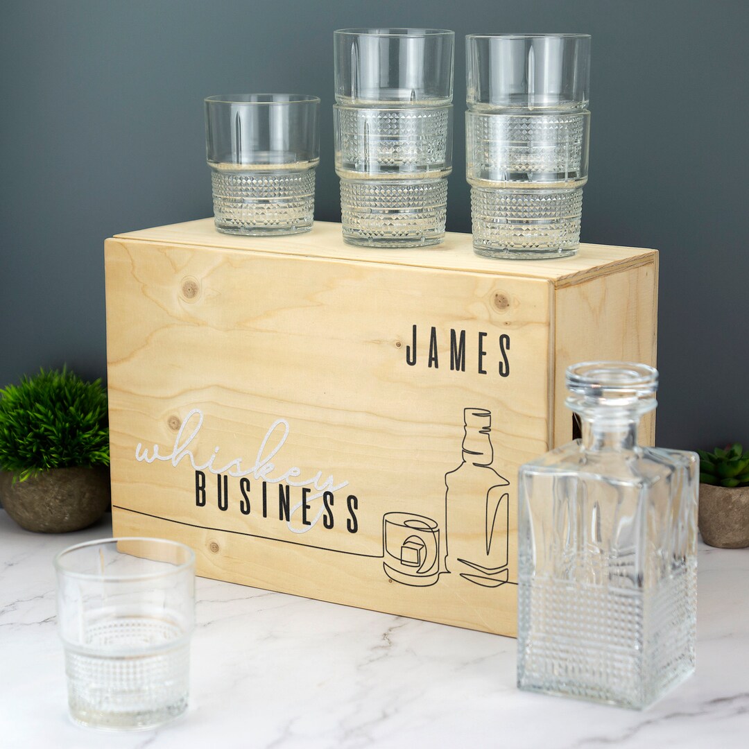 Personalised Whiskey Set Complete With Custom Printed Box Home Bar ...