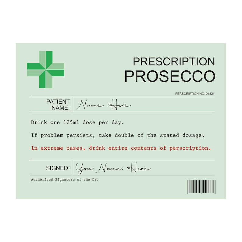 Personalised Prescription Prosecco Wine Label Vinyl Sticker Funny ...