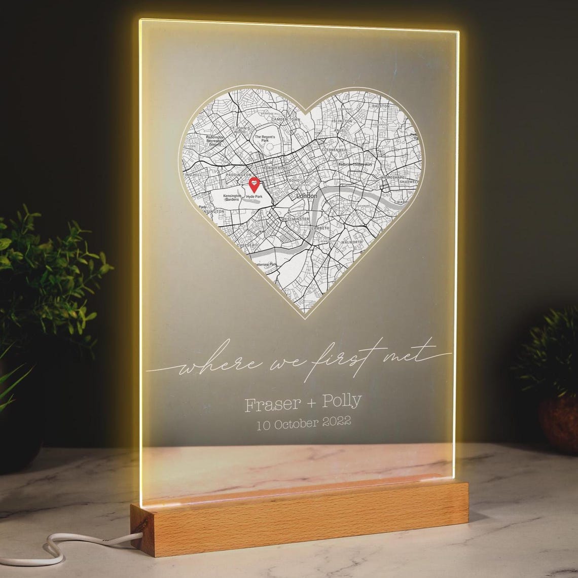 Where We First Met | Personalised Heart Map Print of City | LED Light ...