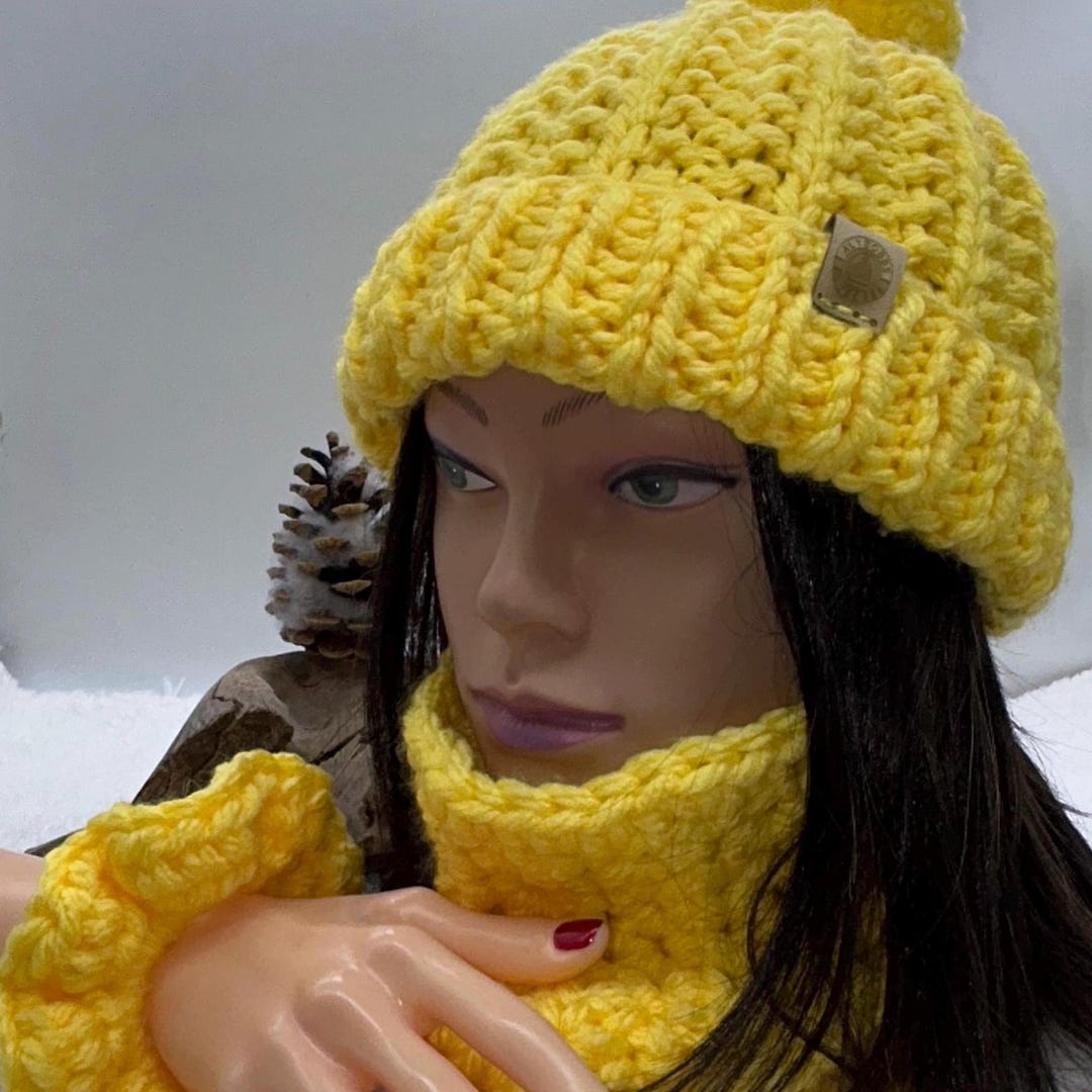 Hat and Snood Set, Hat and Scarf Set, Chunky Bright Yellow Bobble Hat ...