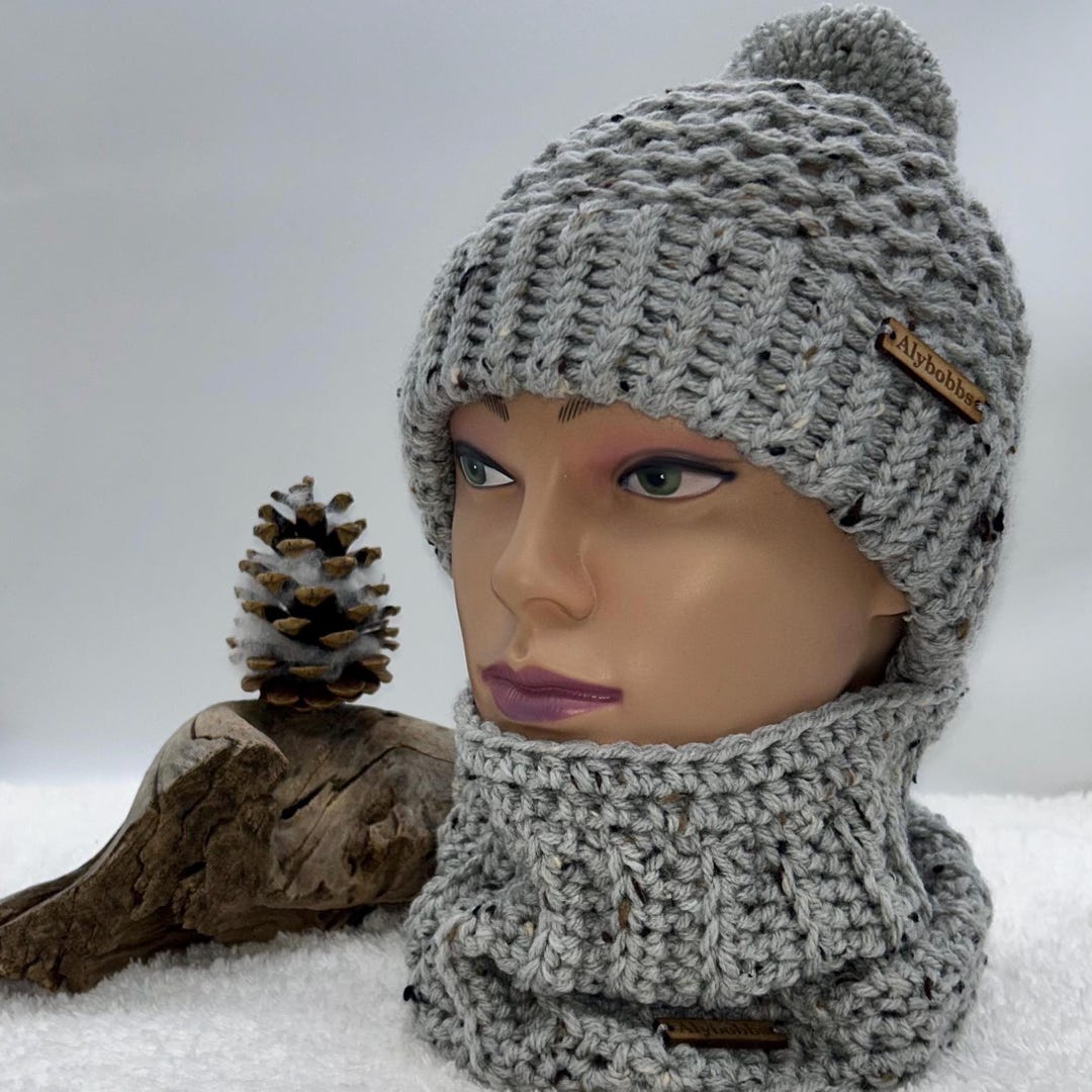 Hat and Snood Set, Hat and Scarf Gift Set, Chunky Knit Grey Bobble Hat ...