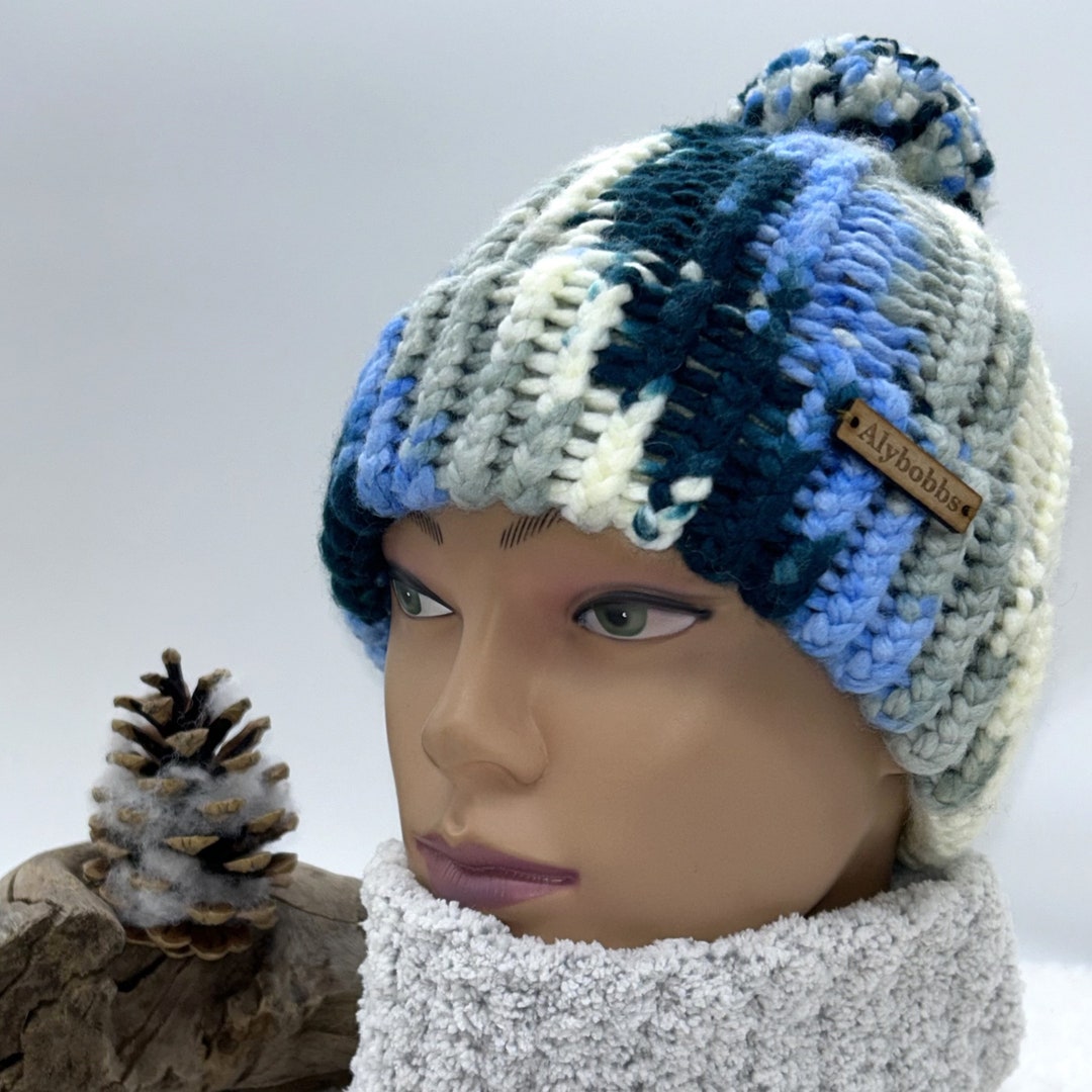 CHUNKY KNIT BOBBLE Hat Woolly Winter Hat Hand Knitted Blue - Etsy