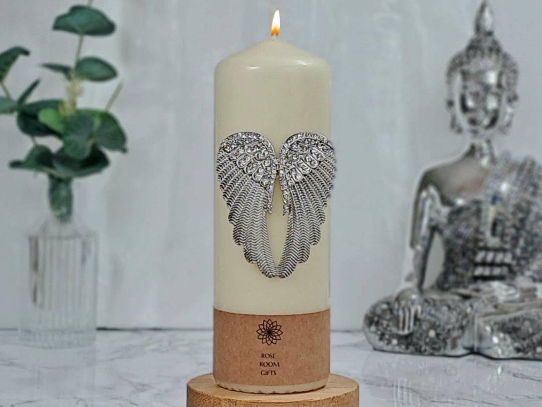 Memorial Pillar Candle With Diamanté Angel Wings Brooch, Sorry for Your ...