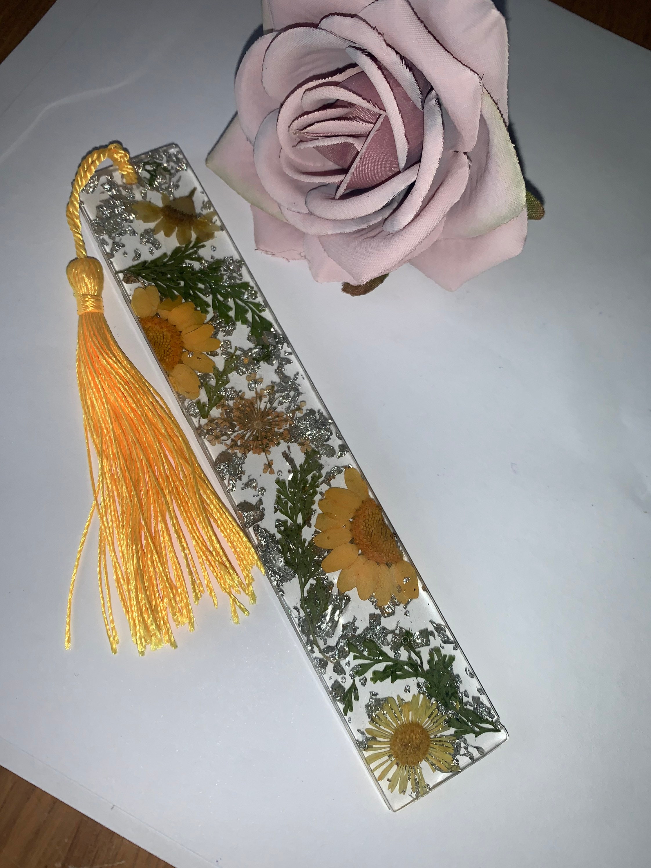 Marcador floral natural seco flores reales plata hoja naranja rosa azul ...
