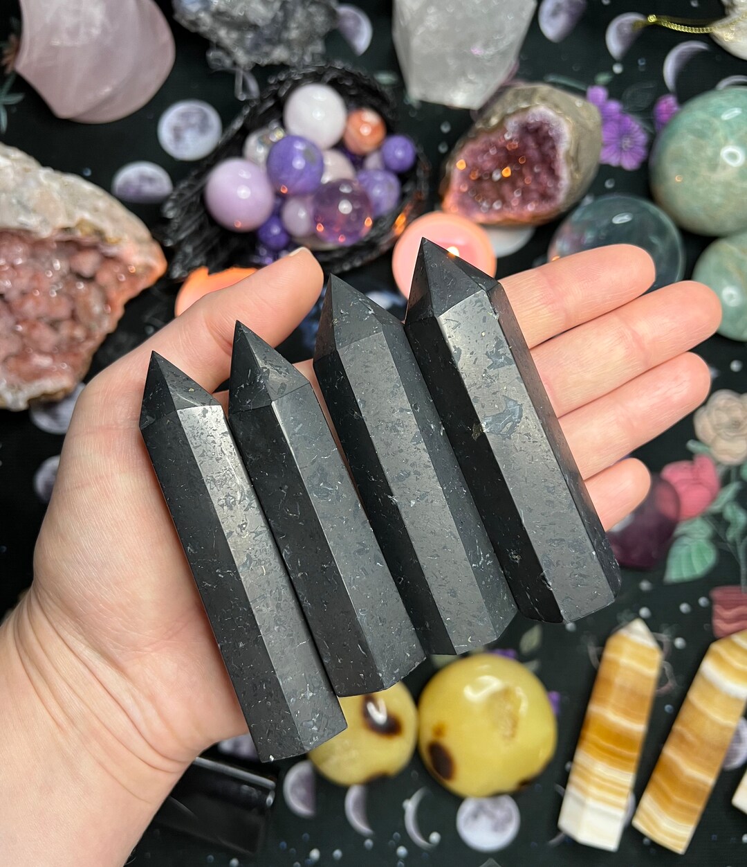 Black Shungite With Pyrite Crystal Tower Obelisk High Quality Root ...