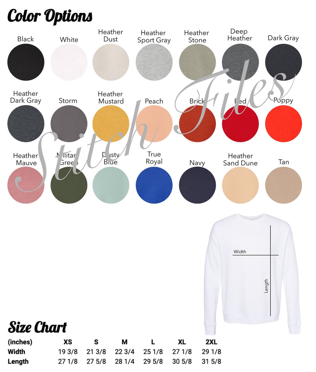 Bella + Canvas 3945 Color and Size Chart, Bella + Canvas Sweatshirt ...