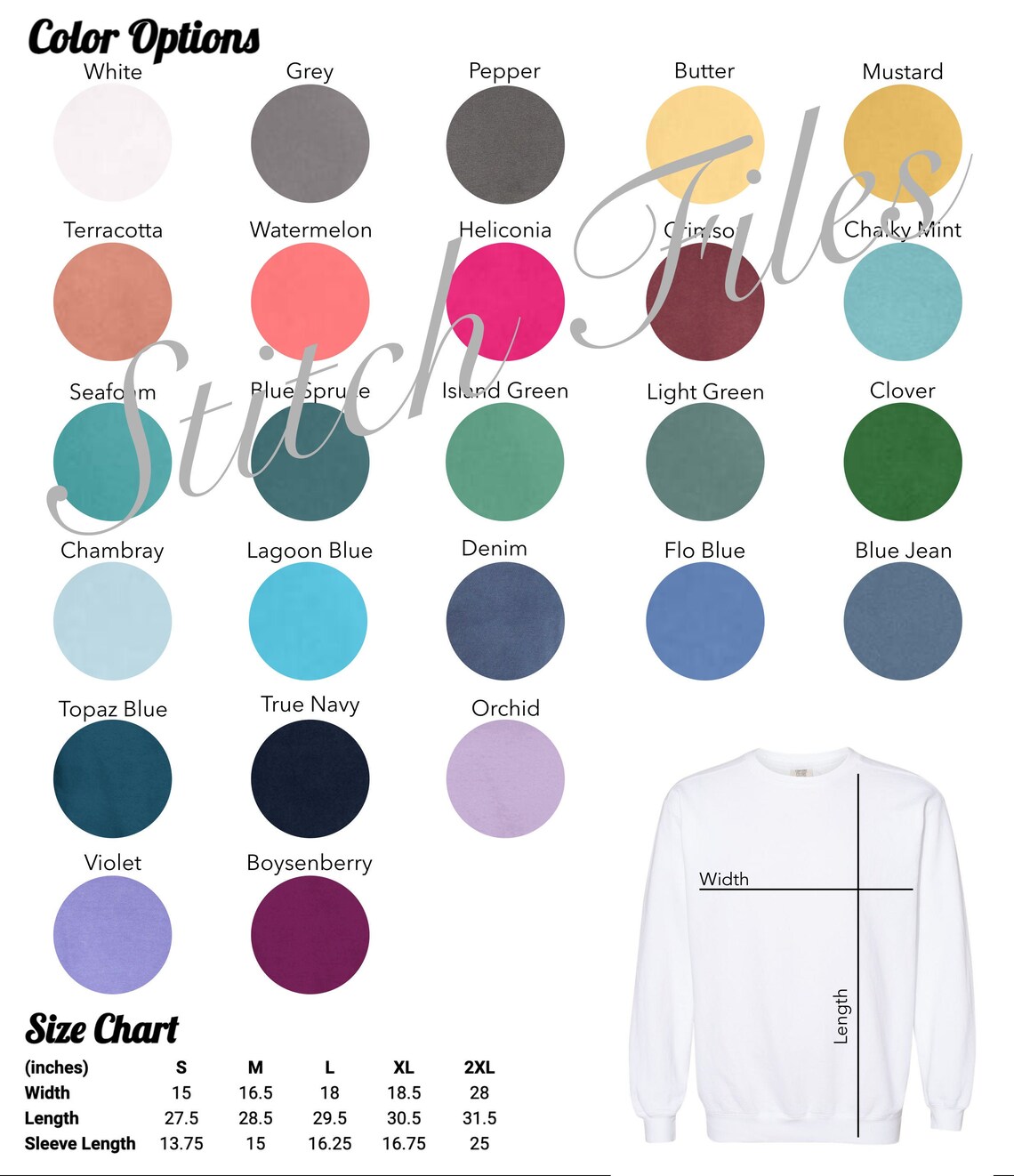 Comfort Colors 1566 Sweatshirt Color and Size Chart, Comfort Colors ...