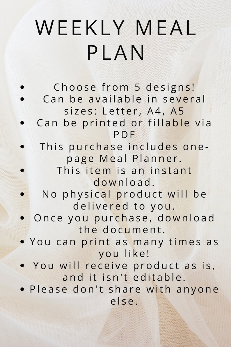 Simple Weekly Meal Planner Printable Template, 7 Day Menu Plan, Food ...