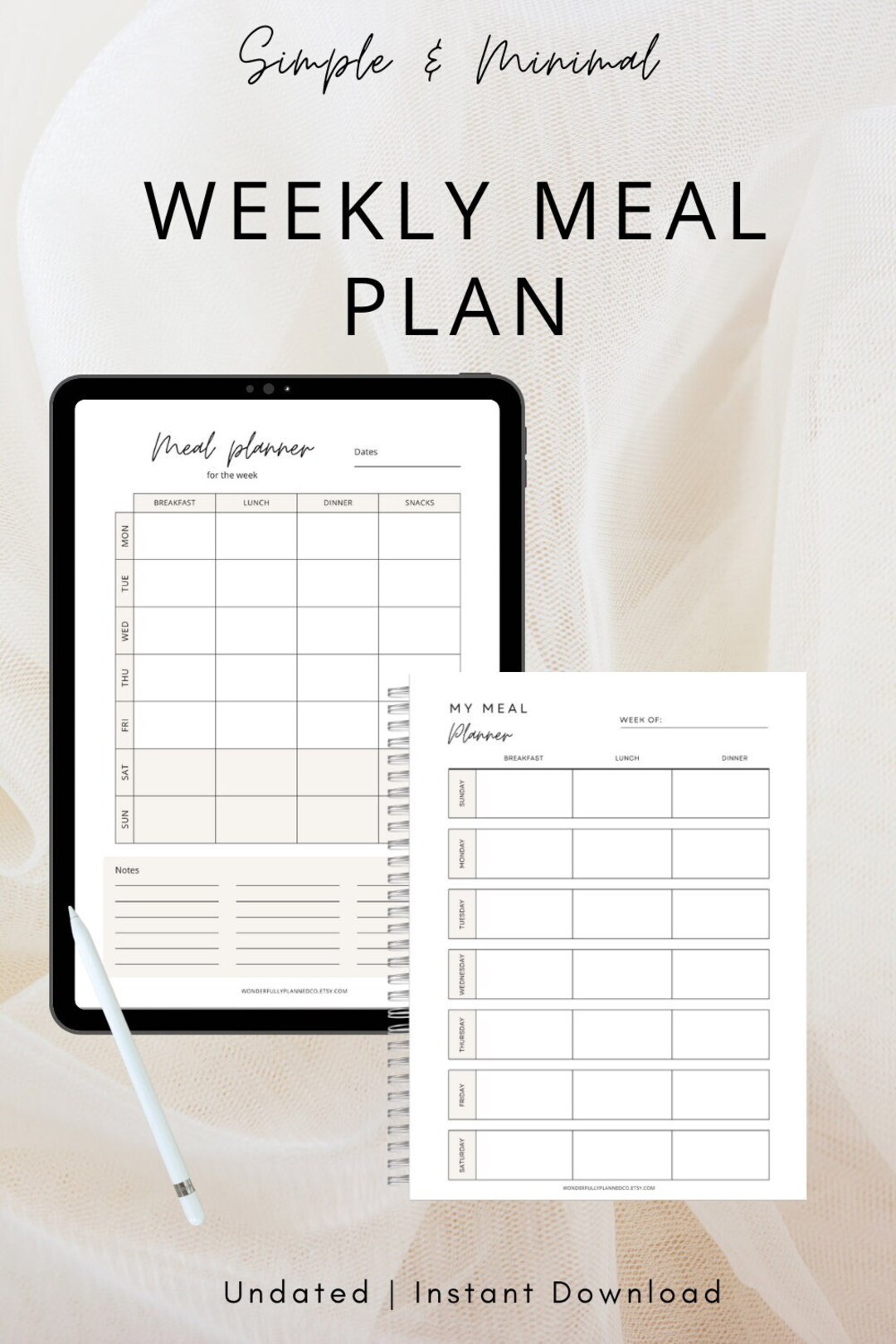Simple Weekly Meal Planner Printable Template, 7 Day Menu Plan, Food ...