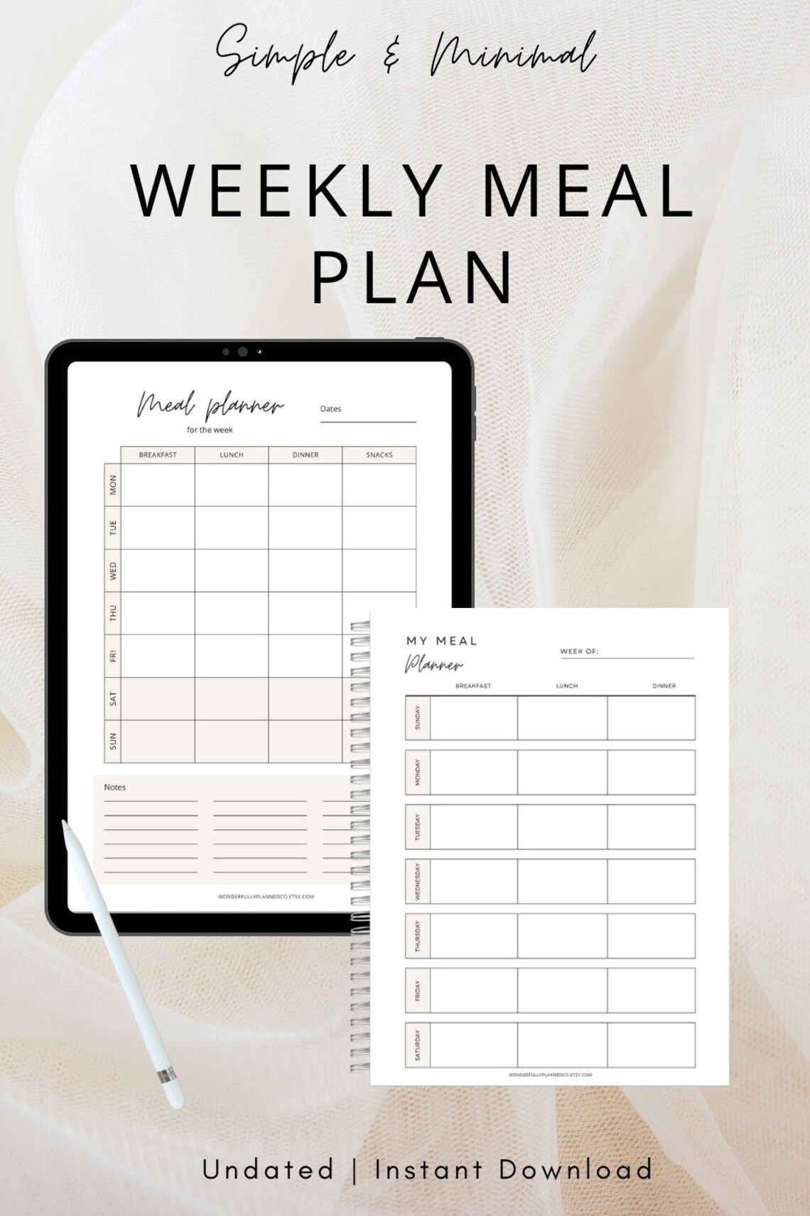 Simple Weekly Meal Planner Printable Template, 7 Day Menu Plan, Food ...
