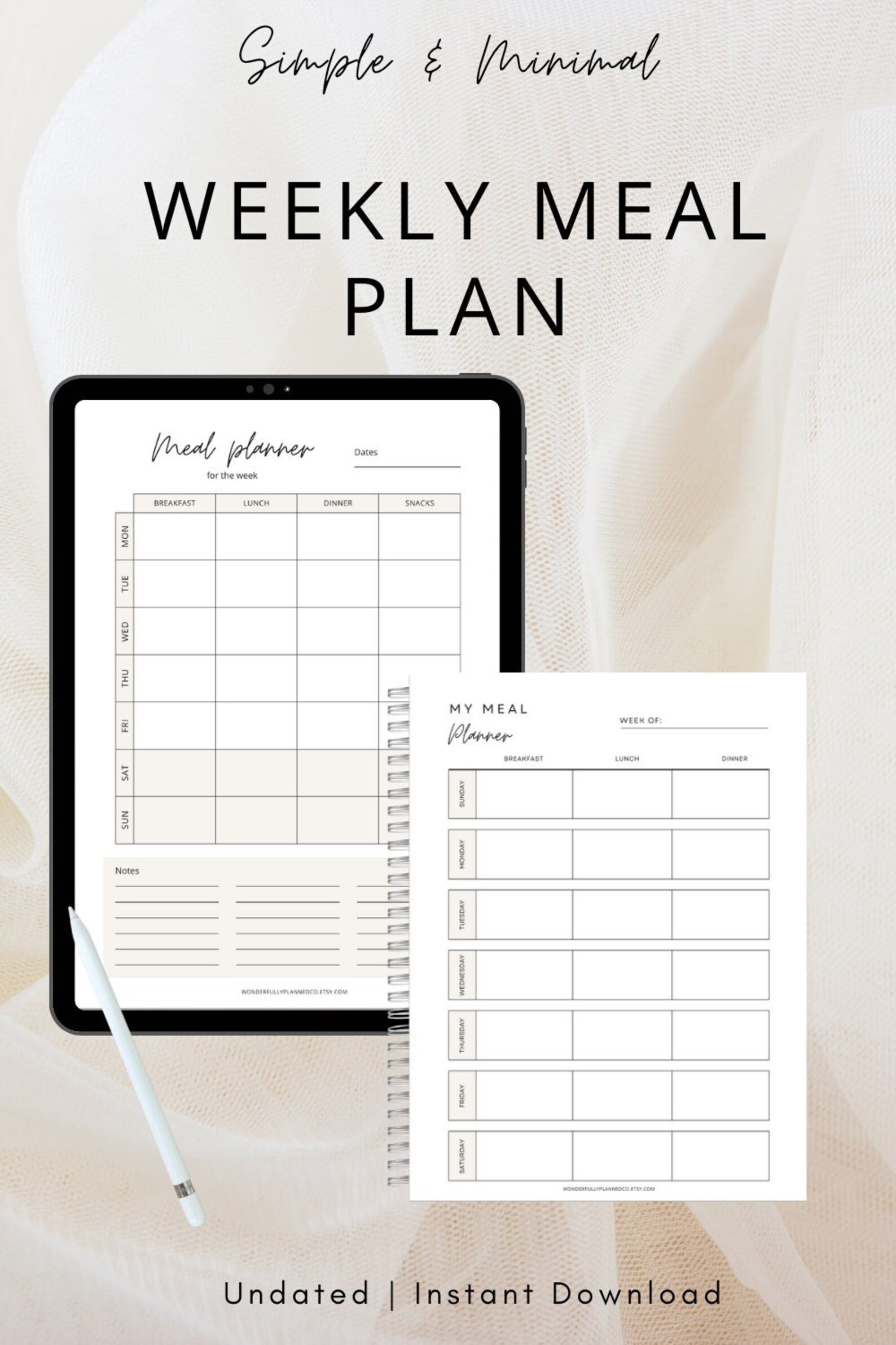 Simple Weekly Meal Planner Printable Template, 7 Day Menu Plan, Food ...