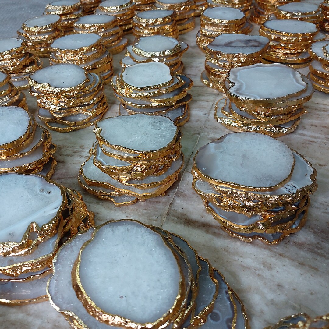 White Agate Coasters With Gold Toned Edge - Etsy