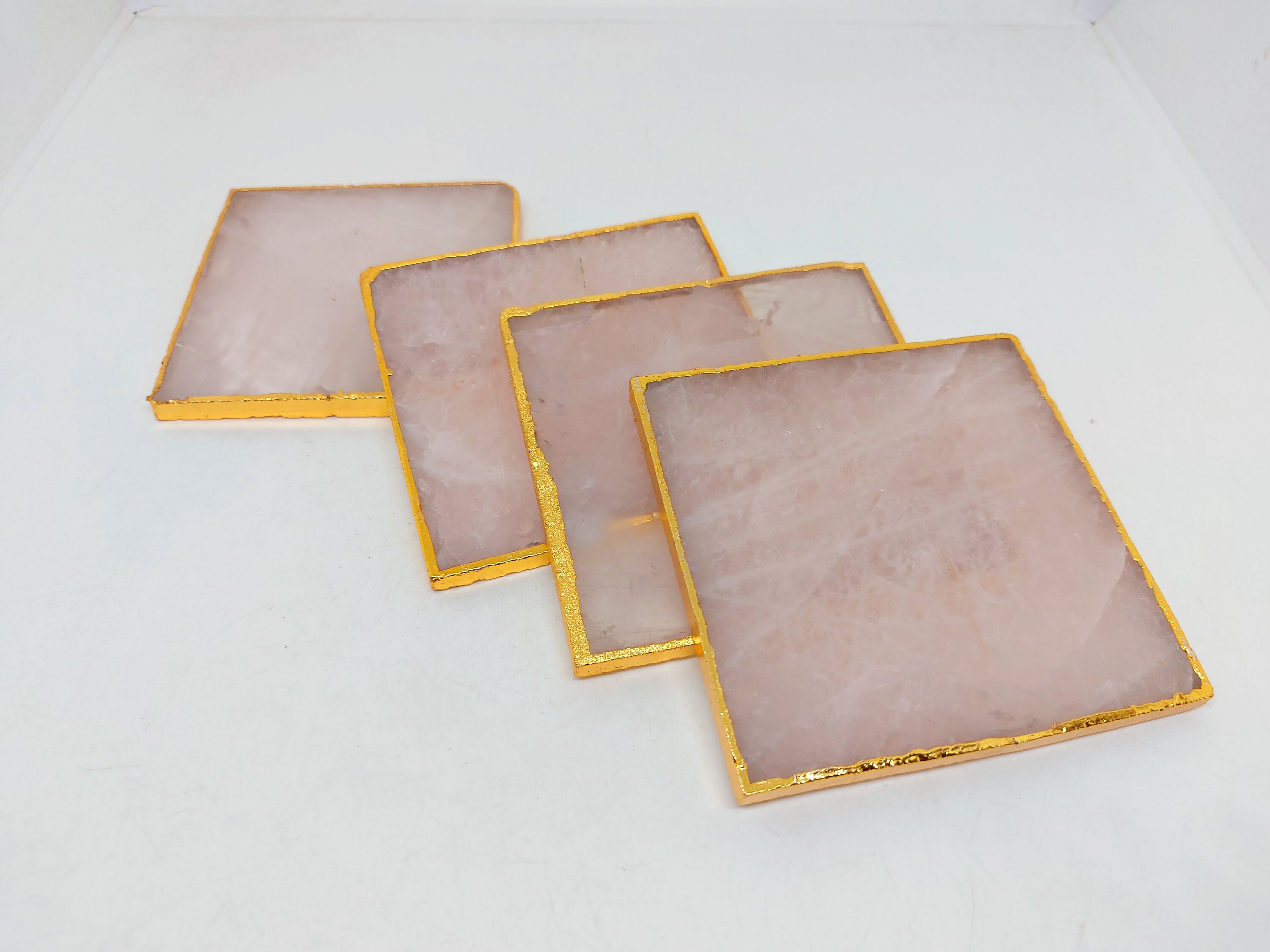Rose Quartz Crystal Coaster, Natural Rose Quartz Gemstone , Golden ...
