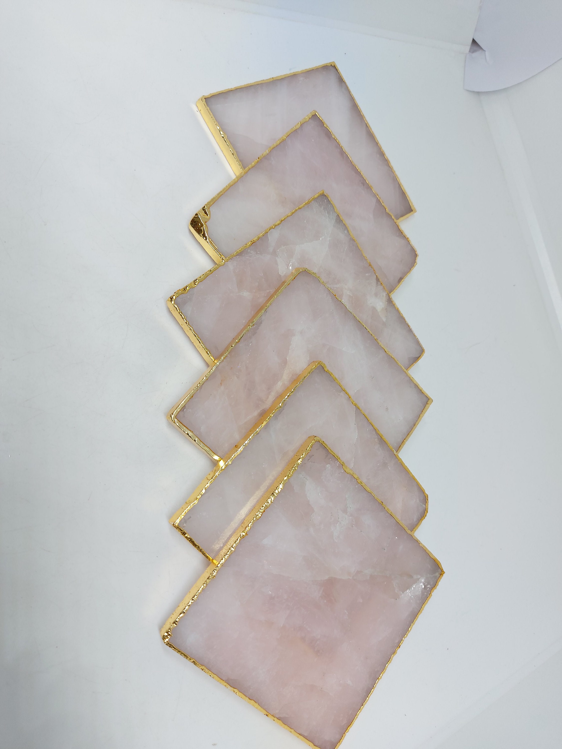 Rose Quartz Crystal Coaster, Natural Rose Quartz Gemstone , Golden ...