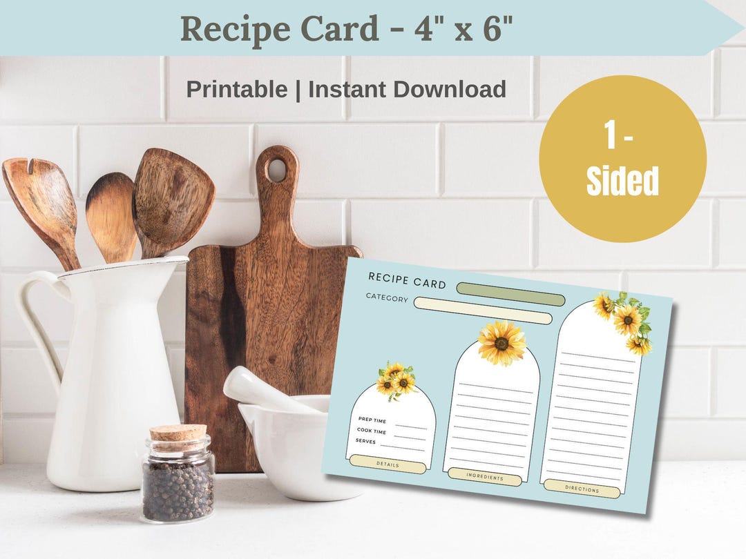 Sunflower Themed Printable 4x6 Recipe Card Instant Download Gift - Etsy