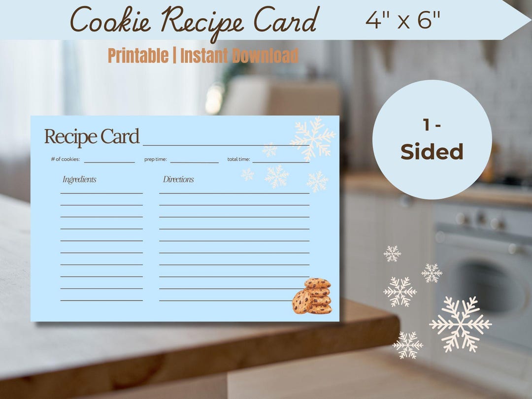Printable Snowflake Theme Recipe Card 4x6 for DIY Baking Cooking Gift ...