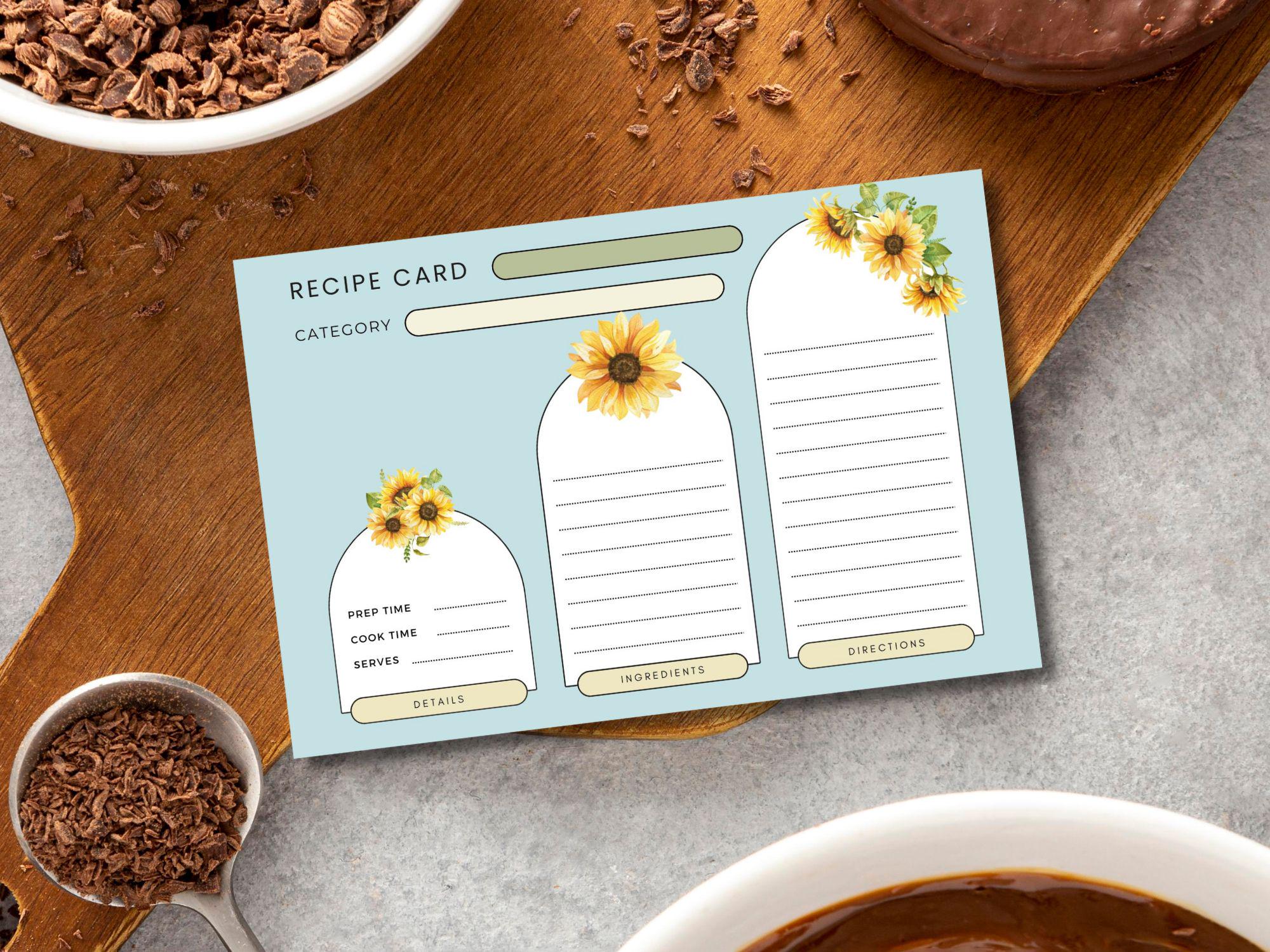 Sunflower Themed Printable 4x6 Recipe Card Instant Download Gift - Etsy