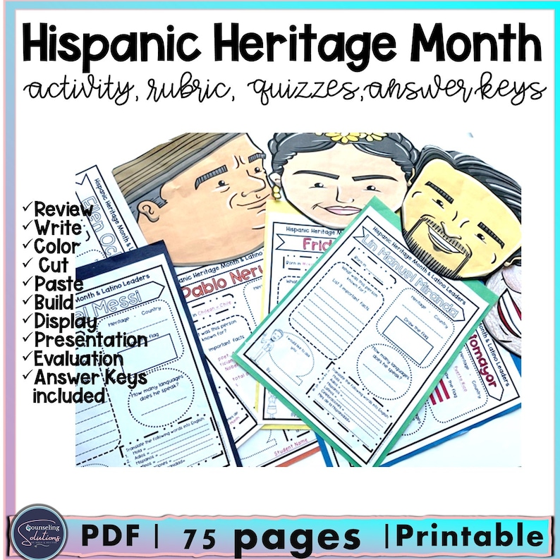 Hispanic Heritage Month Coloring Pages, Biographies, Quizzes (PDF) - Etsy