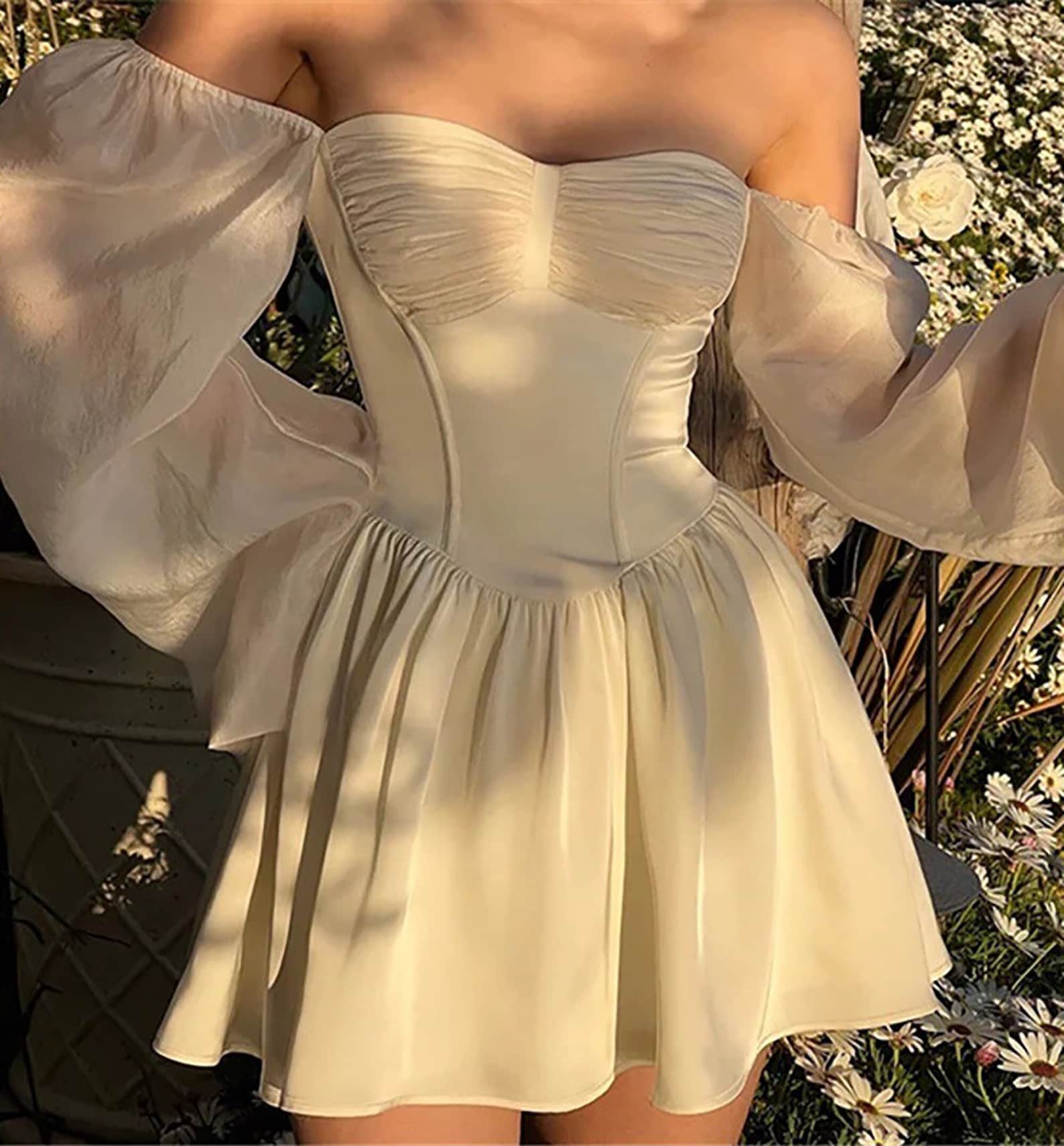 White Off Shoulder Corset Dressflowy Puff Long Sleeve Etsy