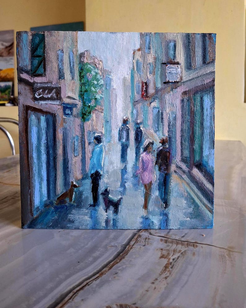 Cityscape Painting.street Scene Oil Painting.people and Dog Original ...
