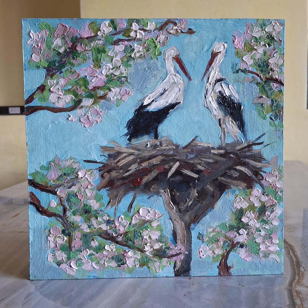 Storks Oil Painting Birds Art.original Painting.family of Storks in a ...