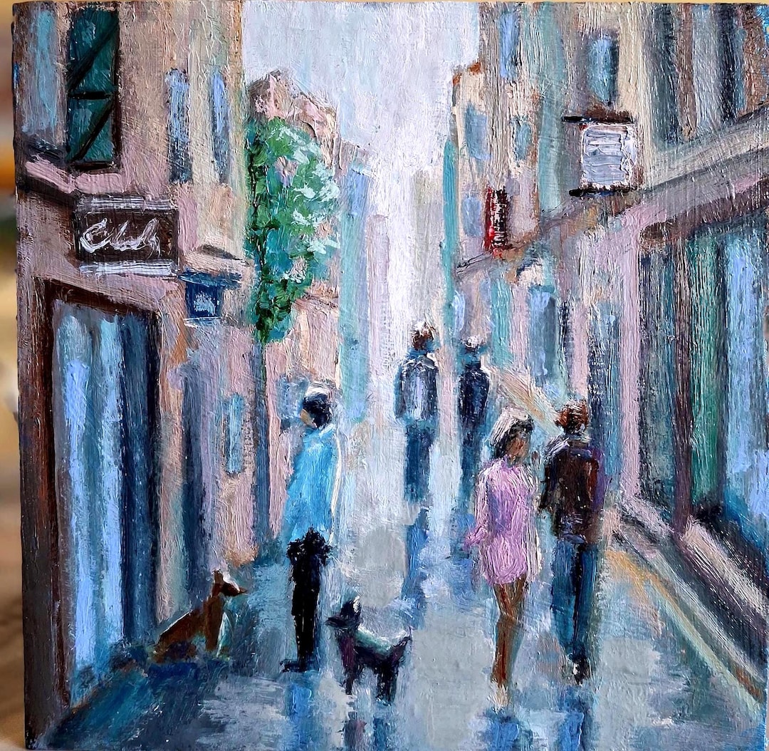 Cityscape Painting.street Scene Oil Painting.people and Dog Original ...