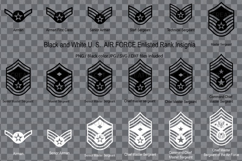 Black and White Set US Air Force Enlisted Rank Insignia Vector ...