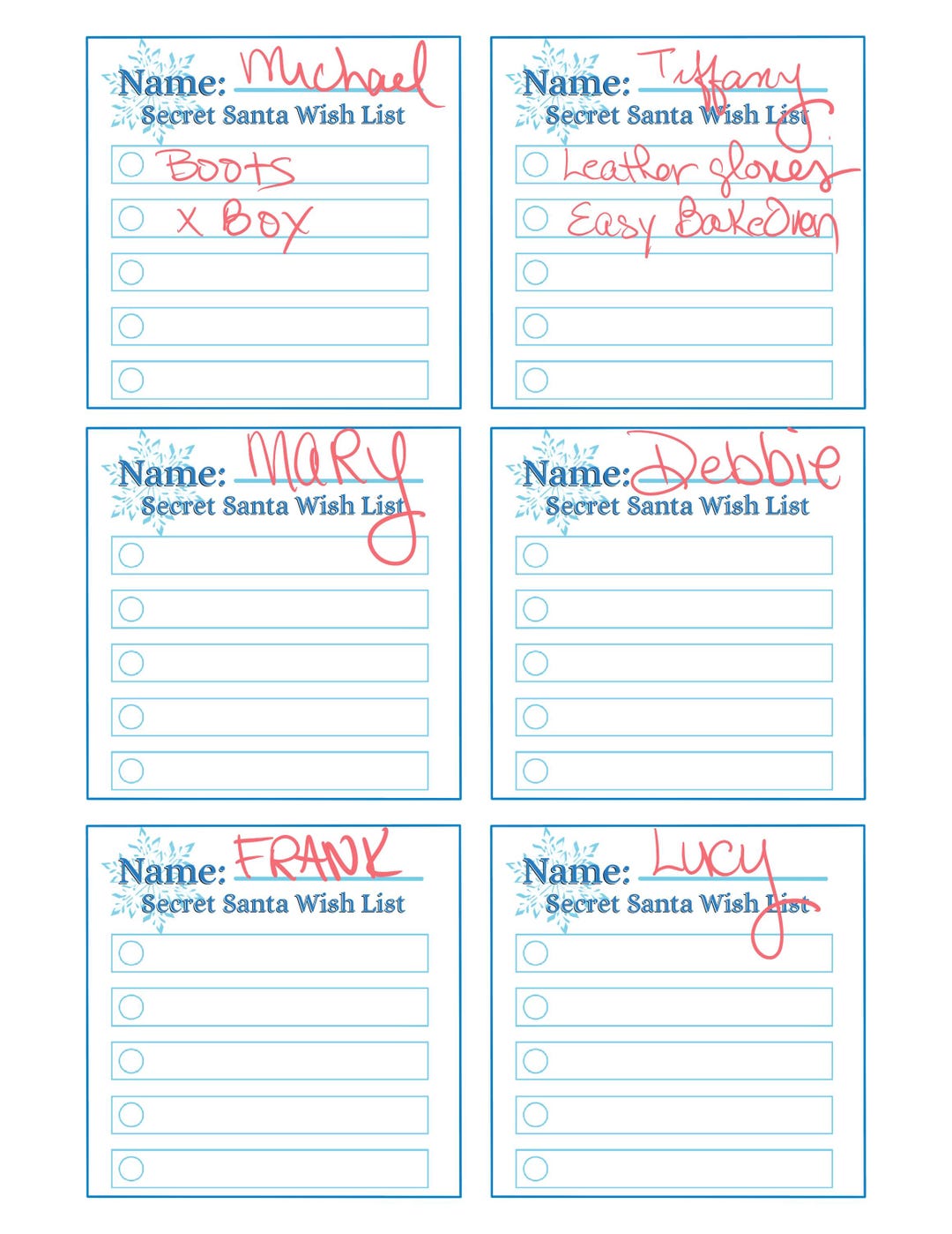 Secret Santa - Downloadable Snowflake Wish List for Gift Exchange - PDF ...