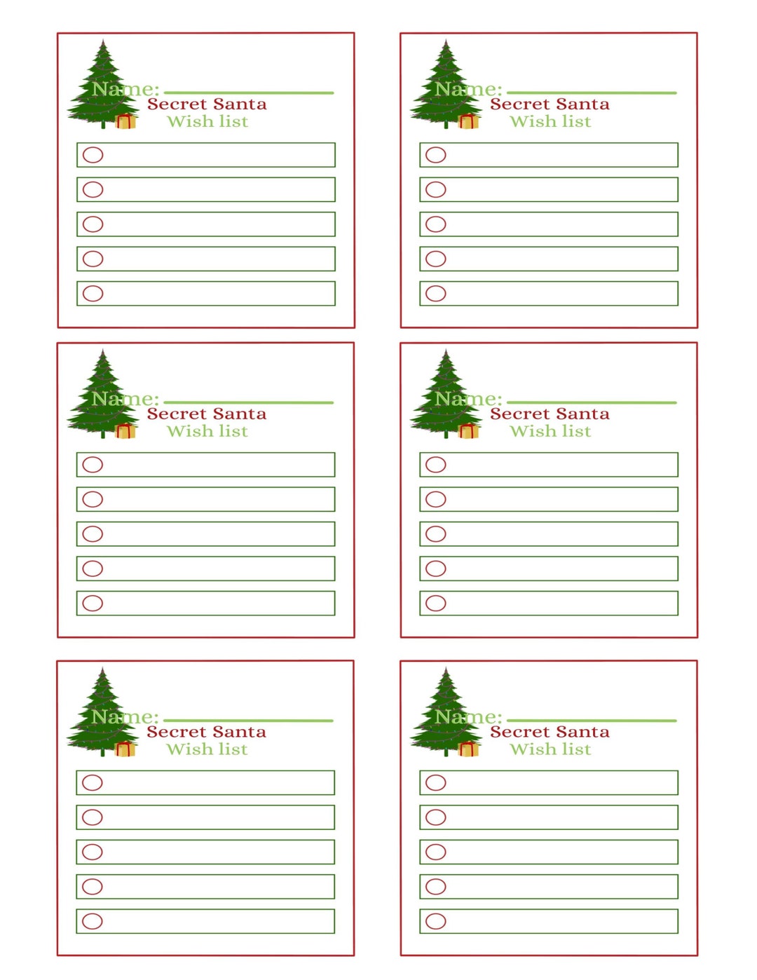 Secret Santa Wish List for Gift Exchange - PDF - Etsy
