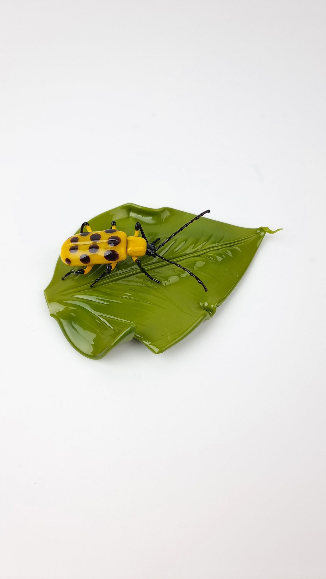Cucumber Beetle on the Leaf, Hand Blown Glass Insect Lampwork Figurine ...