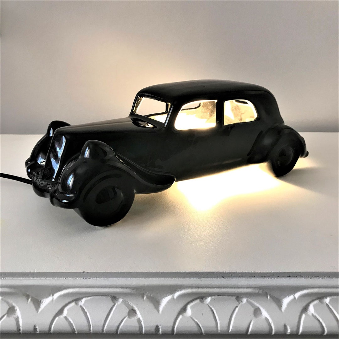 Midcentury Small Ceramic Table Lamp With Car Sculpture, Black Bedside ...
