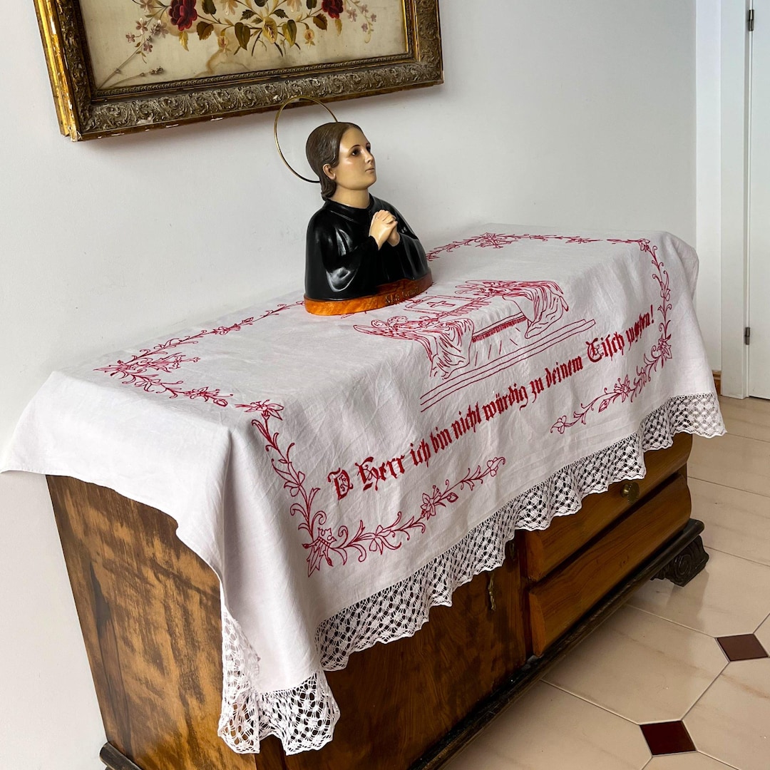 Antique Linen Catholic Altar Cloth, German Altar Cover With Embroidery ...