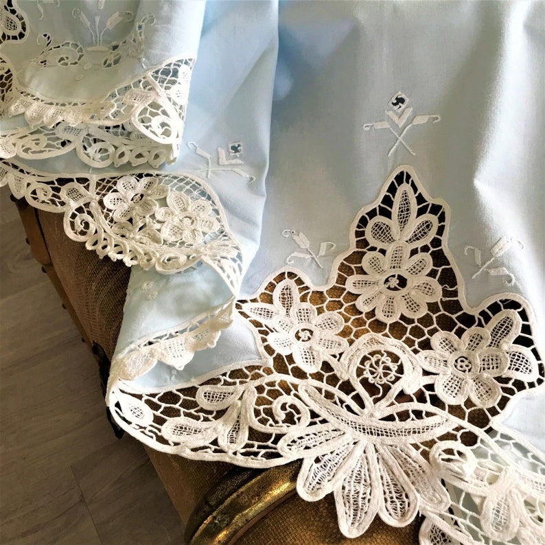 Antique Cotton Blue and White Twin Sheet Embroidered Flat - Etsy