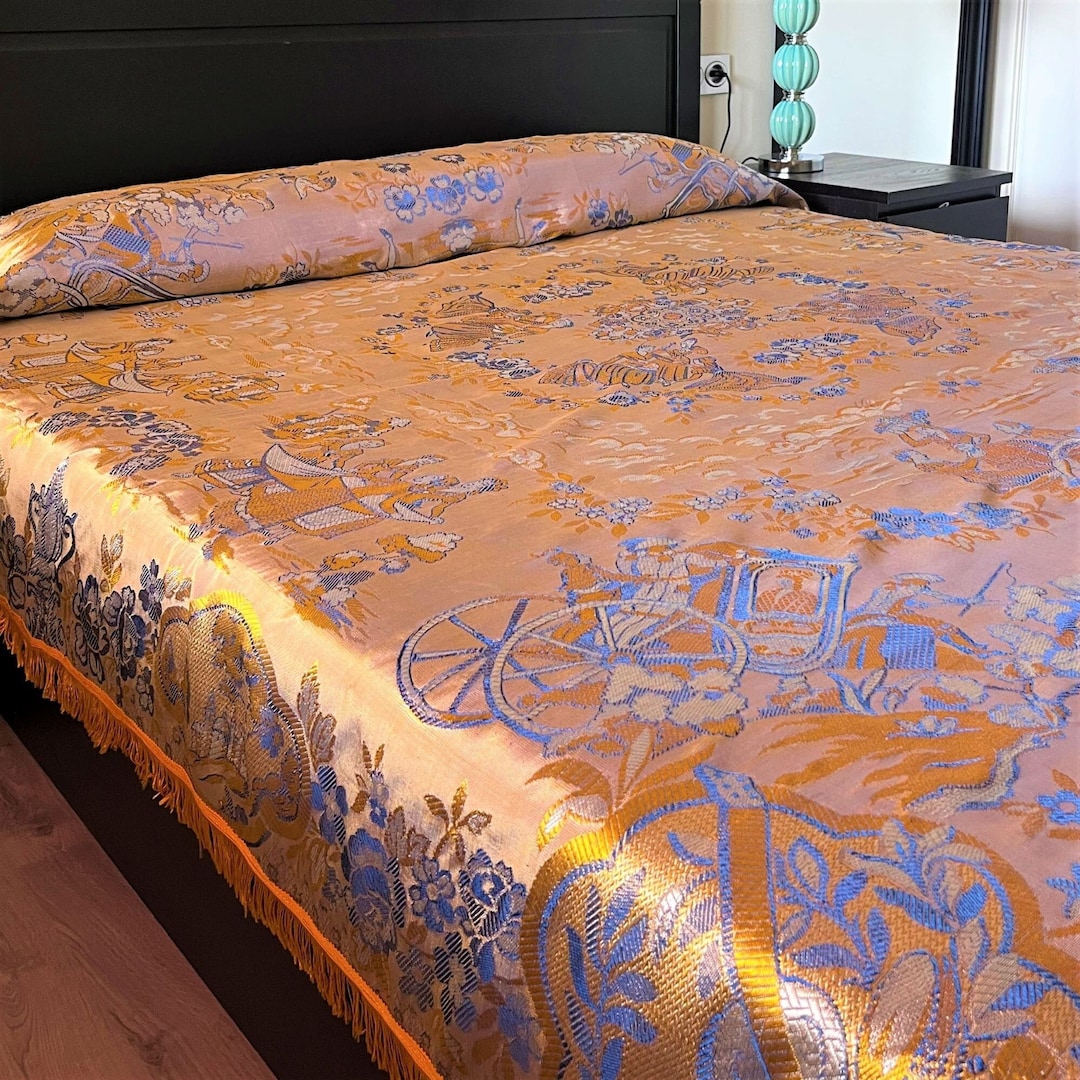 Vintage Burnt Orange Pure Silk Twin Bedspread, Antique Brocade Fabric ...