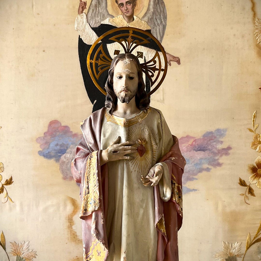 Rare. Large Antique Jesus Christ Statue, Sacred Heart of Jesus Wooden ...