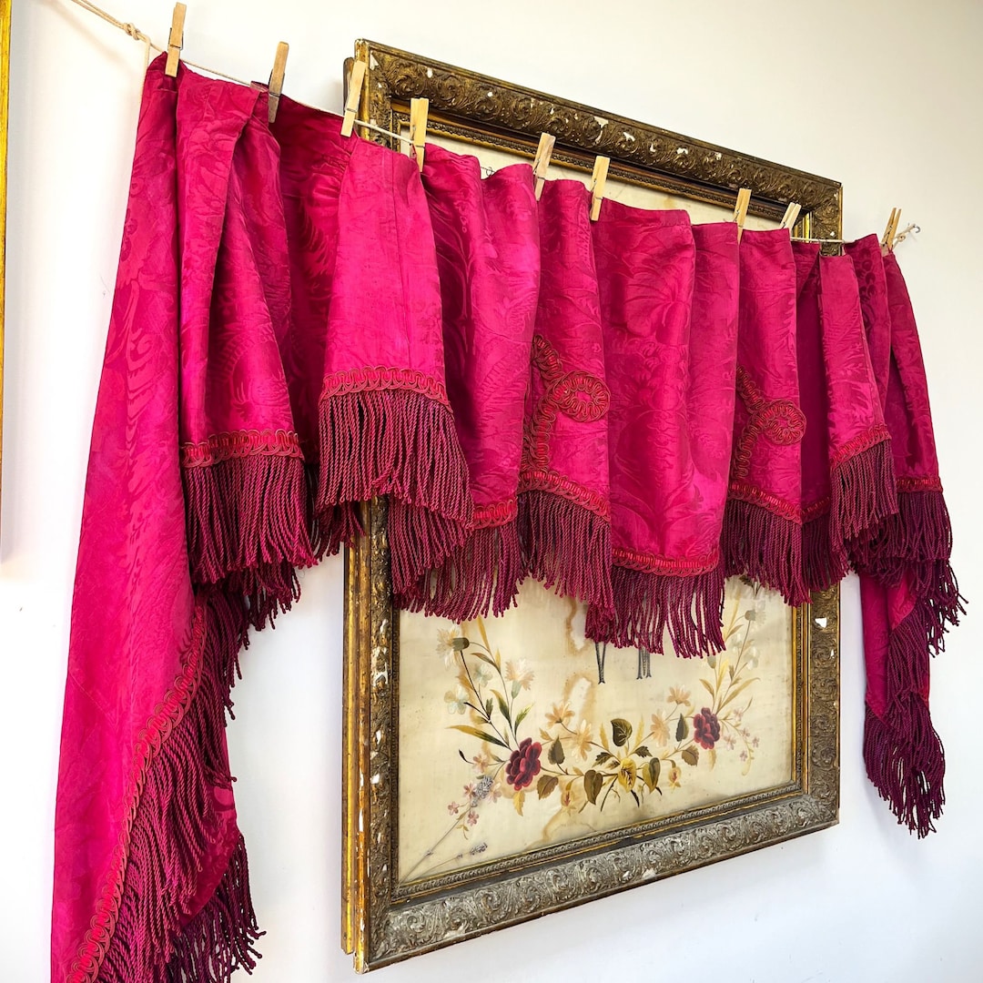 Antique Red Silk Window Valance, Vintage Curtain With Thread Trimming ...