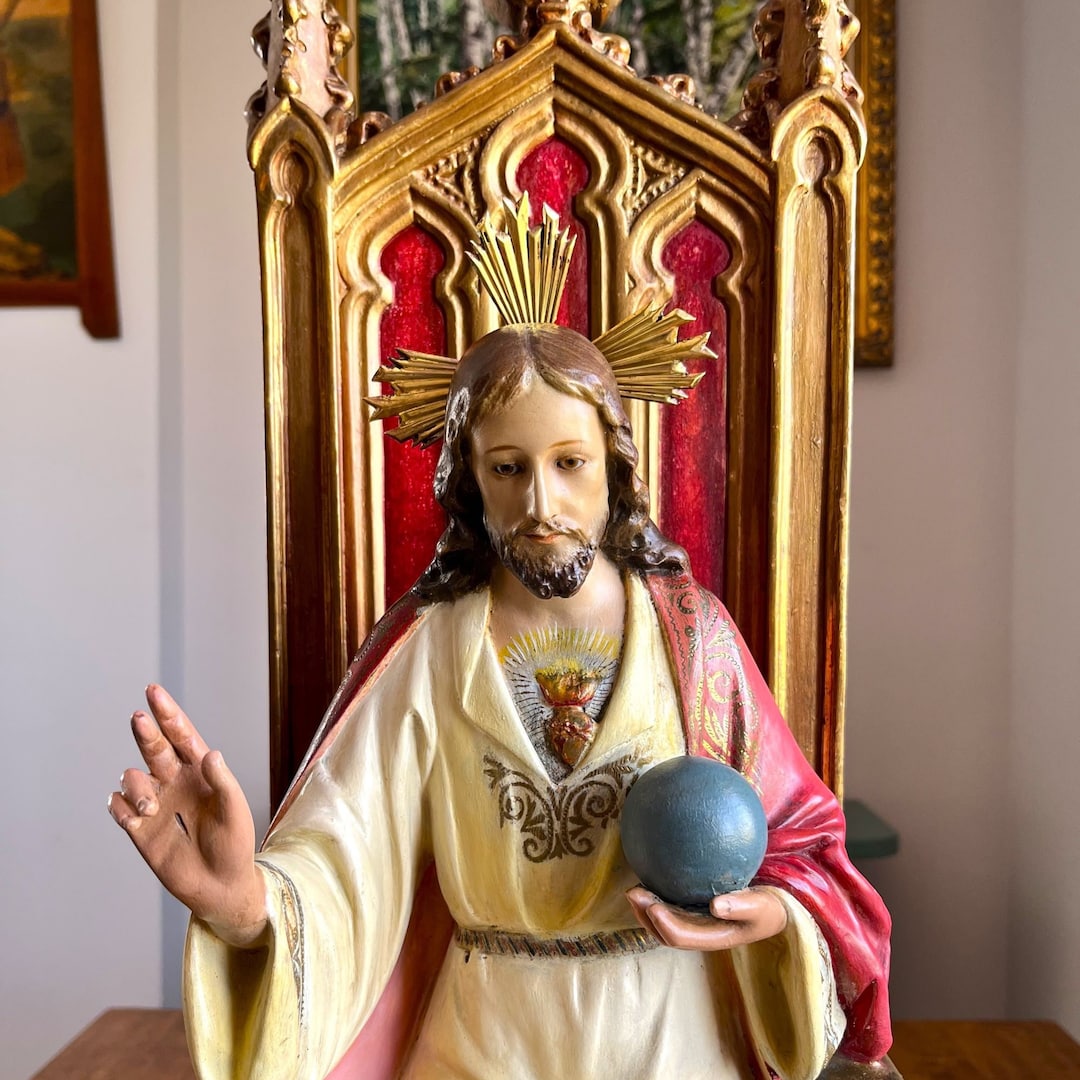 Large Antique Jesus Christ Statue, 72 Cm, Sacred Heart of Jesus ...