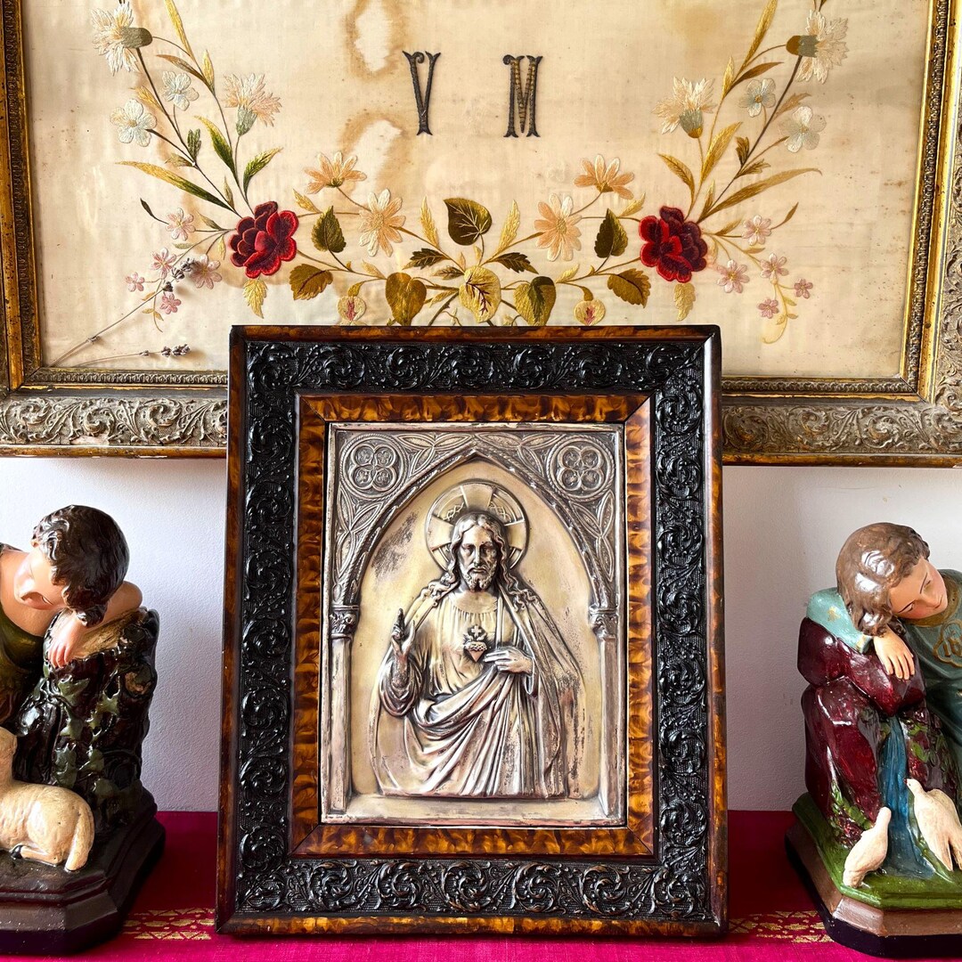 Sacred Heart of Jesus, Large Vintage Catholic Icon, Framed Wall Plaque ...